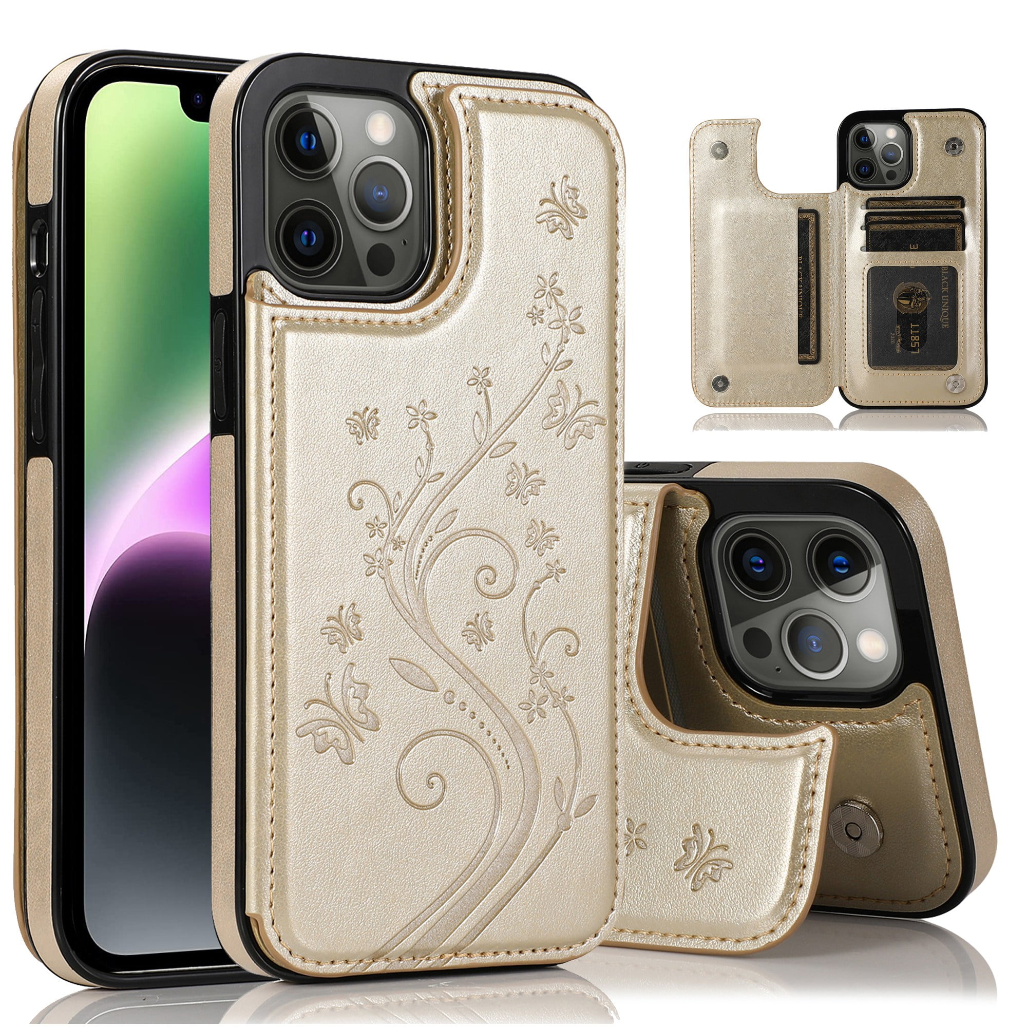 Dteck for iPhone 15 Case with Card Holder, Embossed Flower Design ...