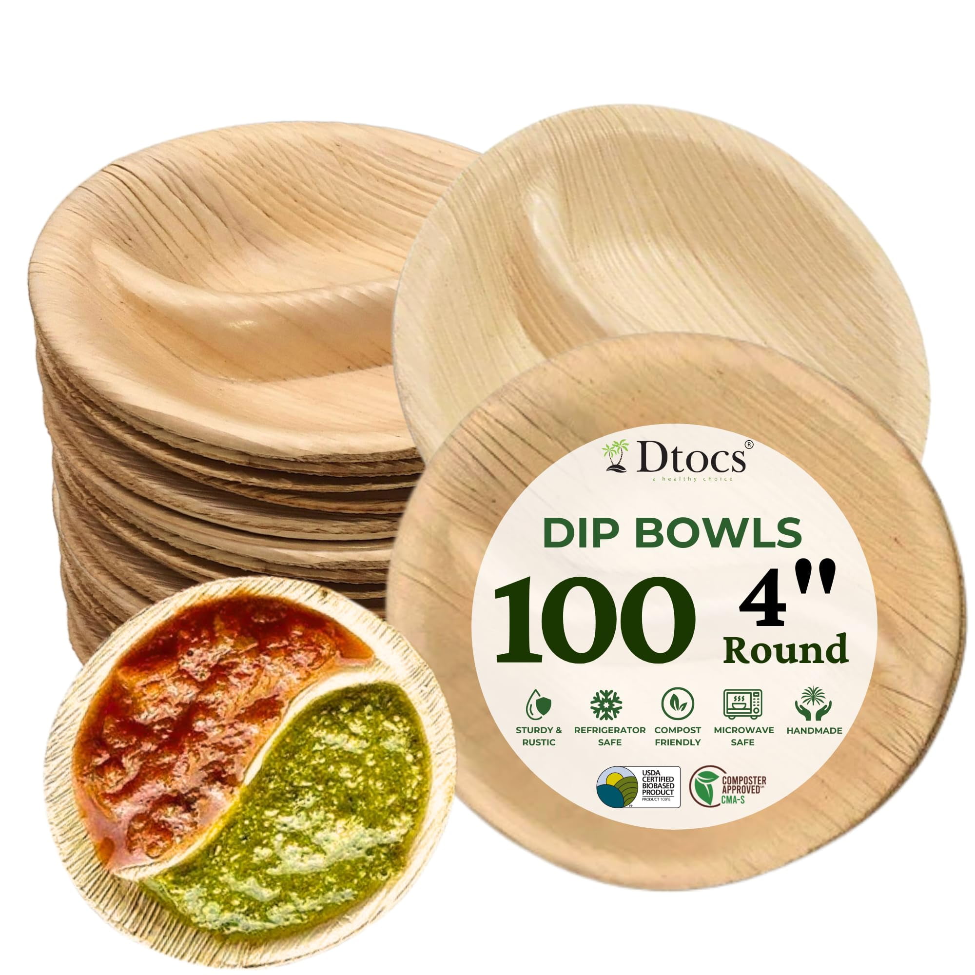 Dtocs Palm Leaf 4 Inch Round AFN1Dip Bowls (100) | Mini Bamboo Bowls ...