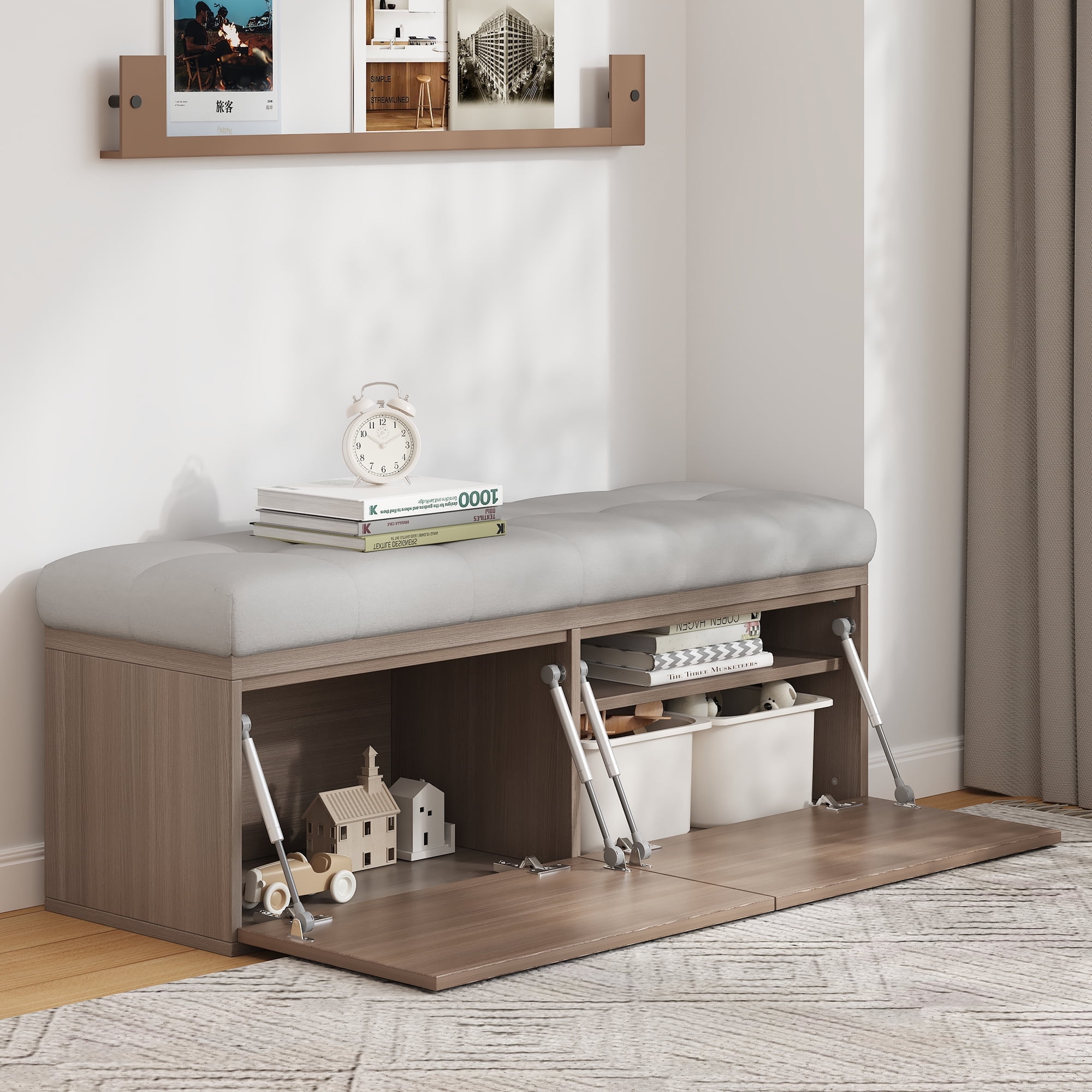 Dtwnek 49" Double Doors Storage Bench with Shelves, Padded Seat Cushion ...