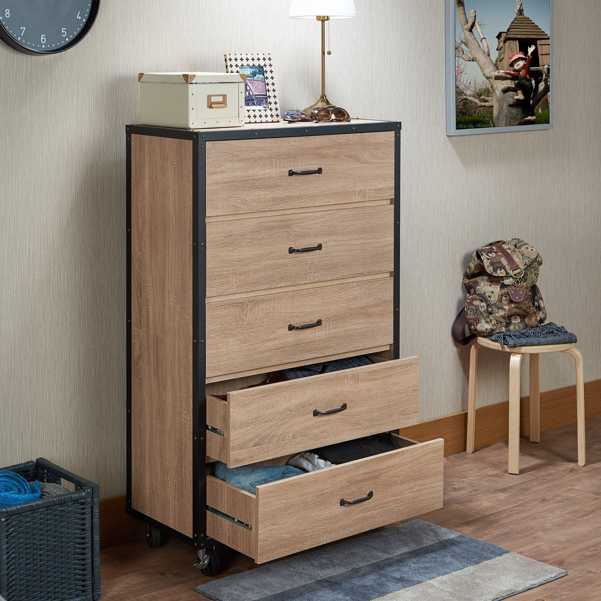 Dtwnek 5 Drawer Dresser with Wheels, Chest of Drawer for Living Room ...