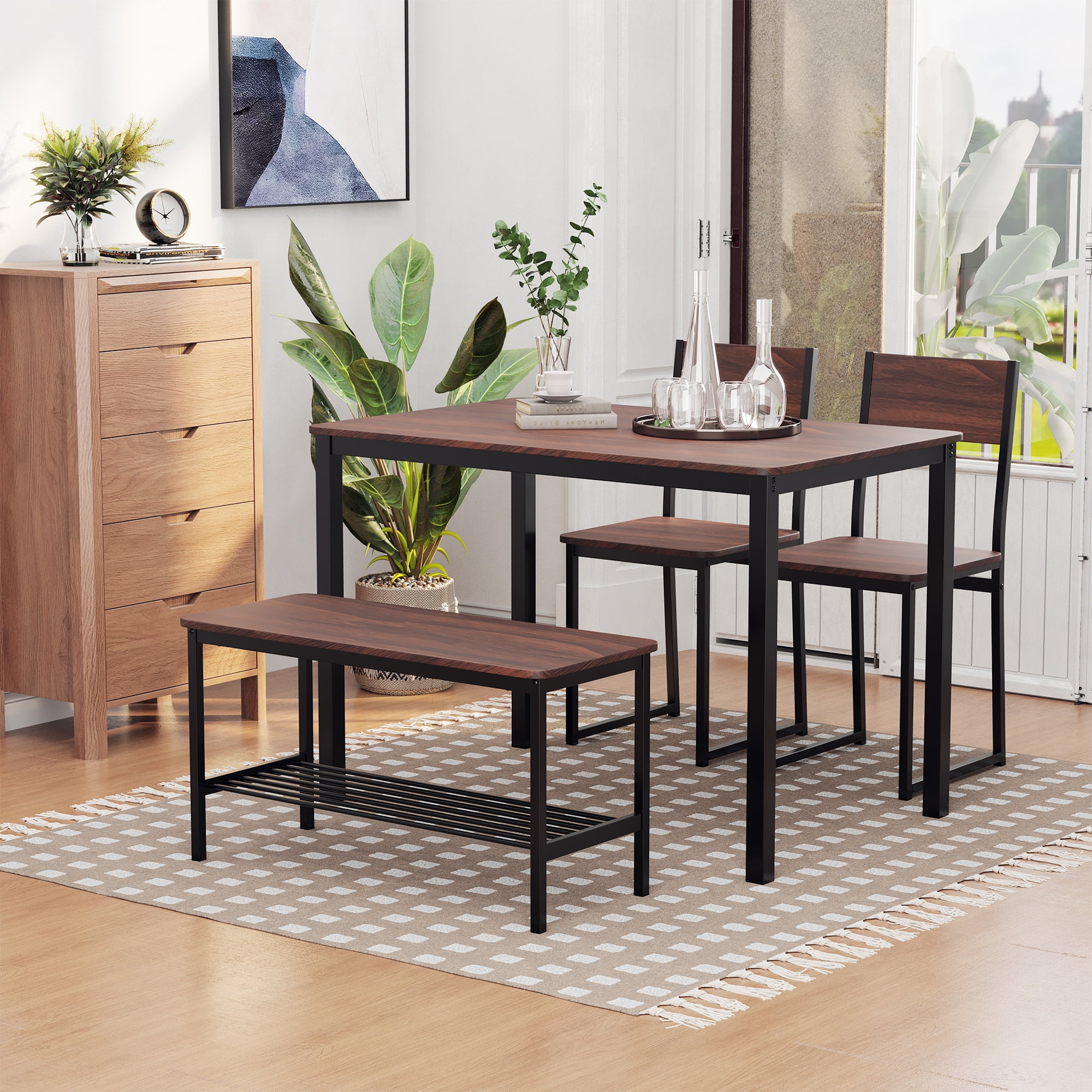 Dtwnek Dining Table Set with 1 Pc Bench and 2 Pcs Chairs, Wood Top ...