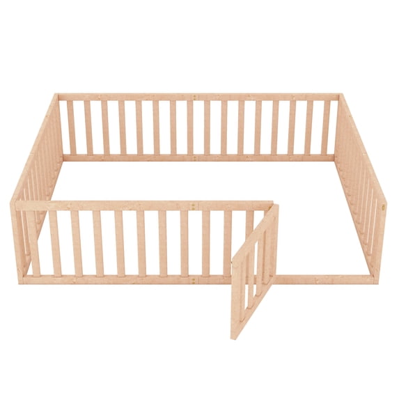 Dtwnek Floor Bed Frame with Fence and Door, Wood Bed for Living Room ...