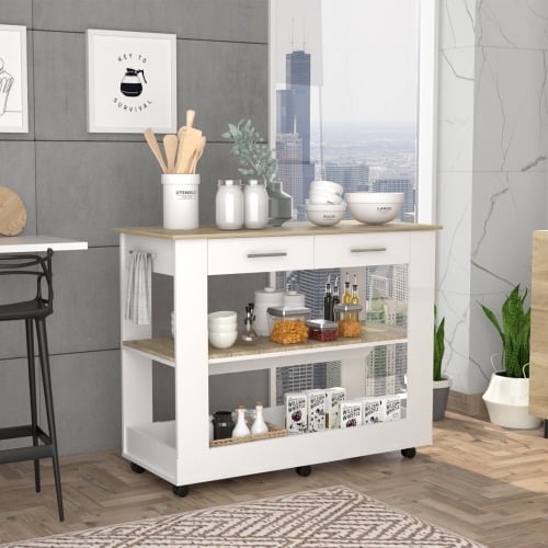 Dtwnek Kitchen Island with Wheels and 2 Drawers and Lower Open Shelf ...