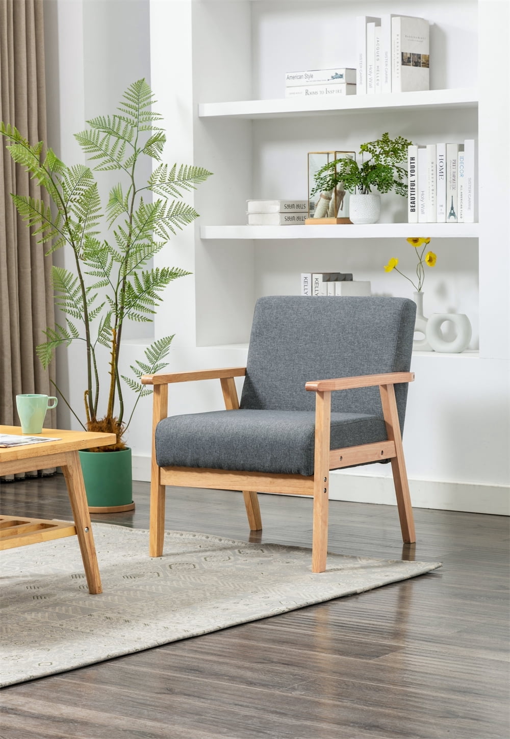 Dtwnek Linen Fabric Arm Chair with Wood Frame, Modern Accent Chair for ...