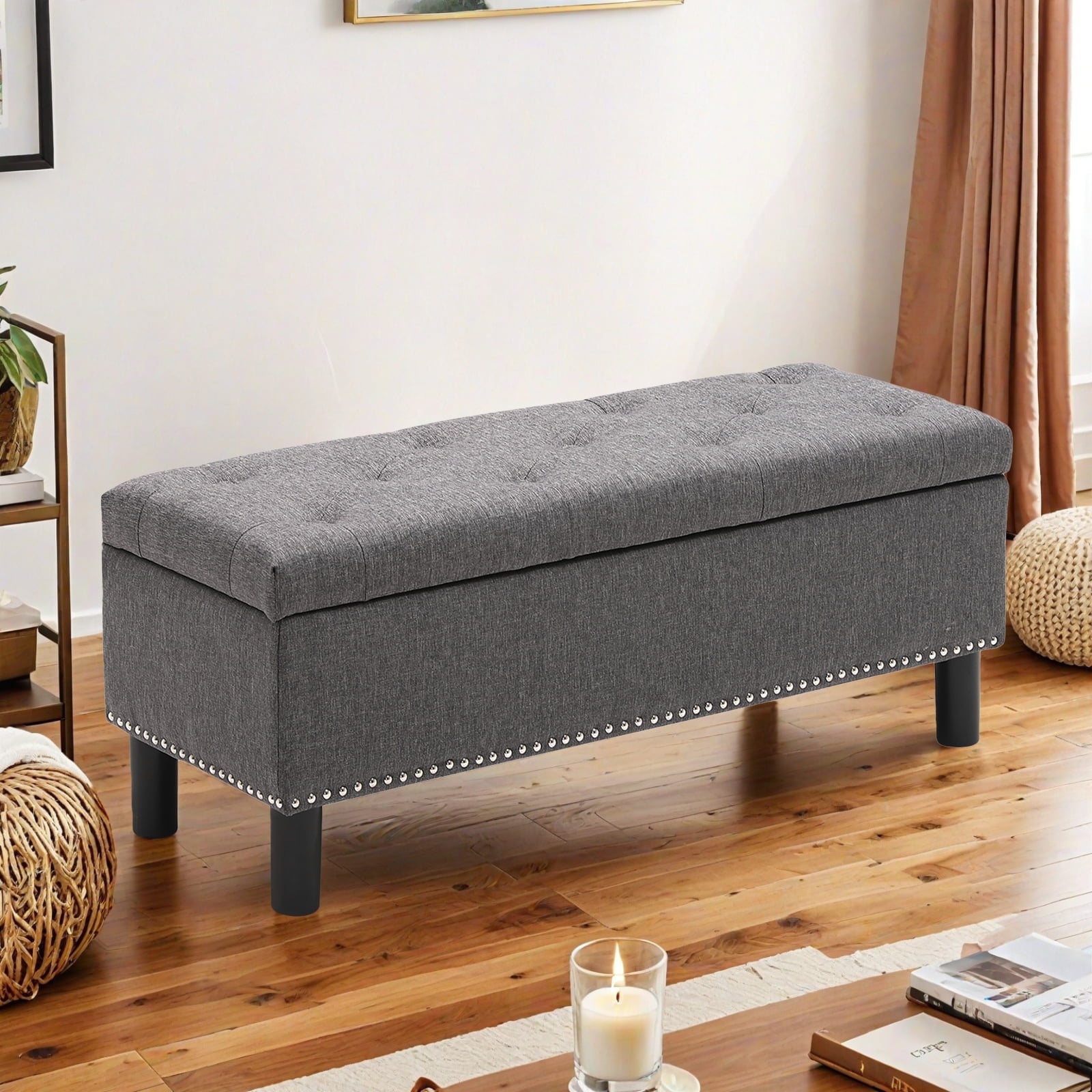 Dtwnek Linen Storage Bench with Wood Legs, Upholstered Storage Bench ...