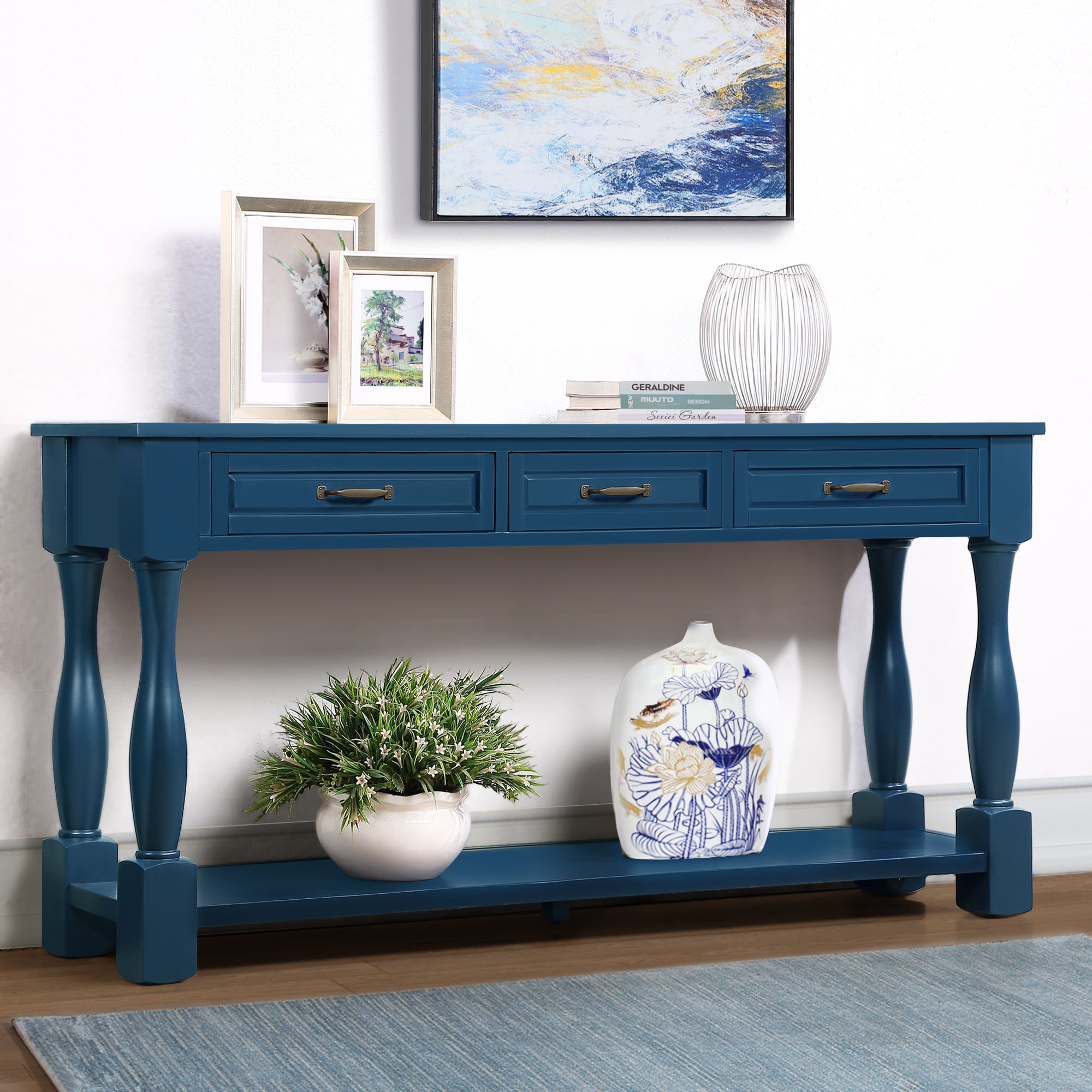 Dtwnek Long Wood Console Table with 3 Drawers and 1 Bottom Shelf for ...