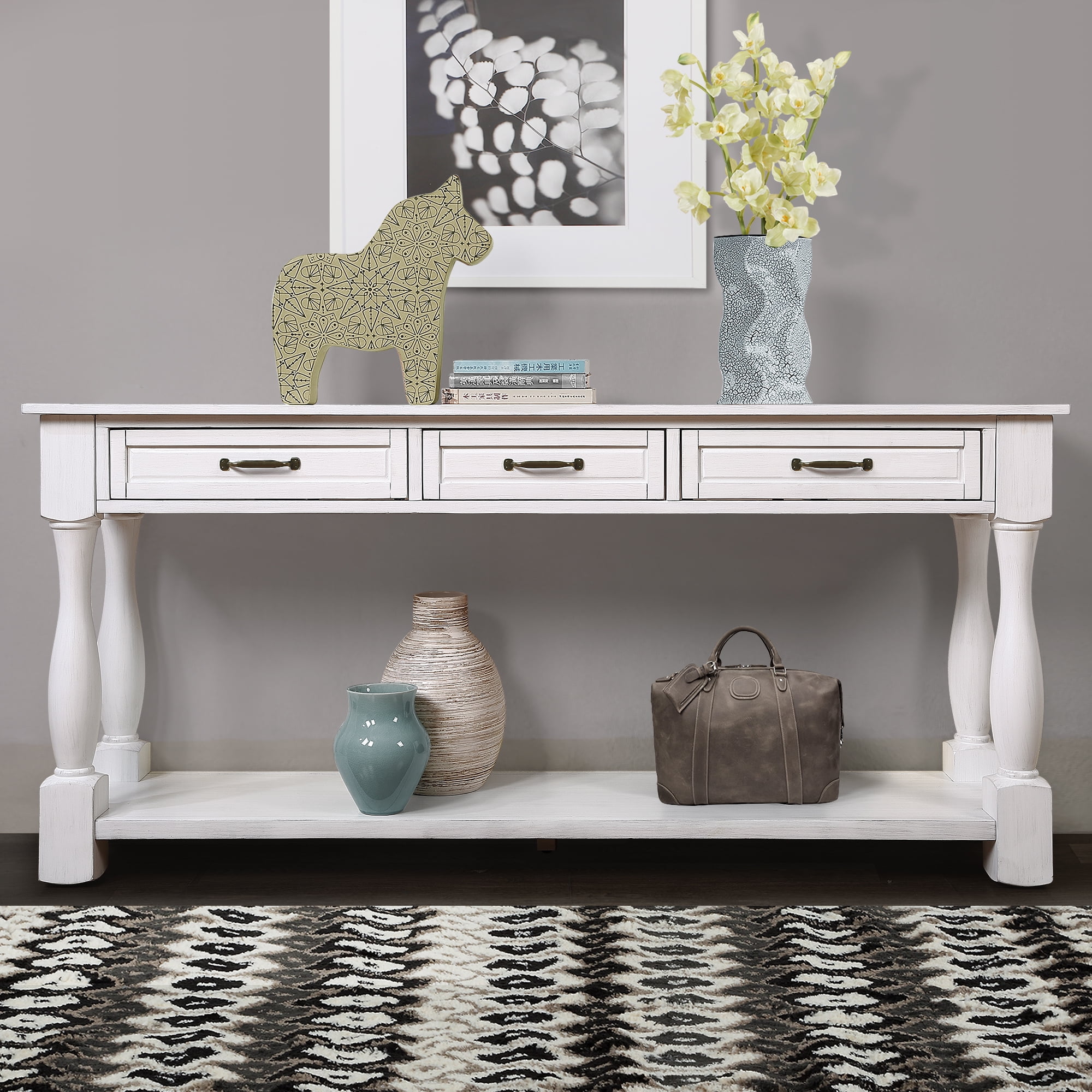 Dtwnek Long Wood Console Table with 3 Drawers and 1 Bottom Shelf for ...