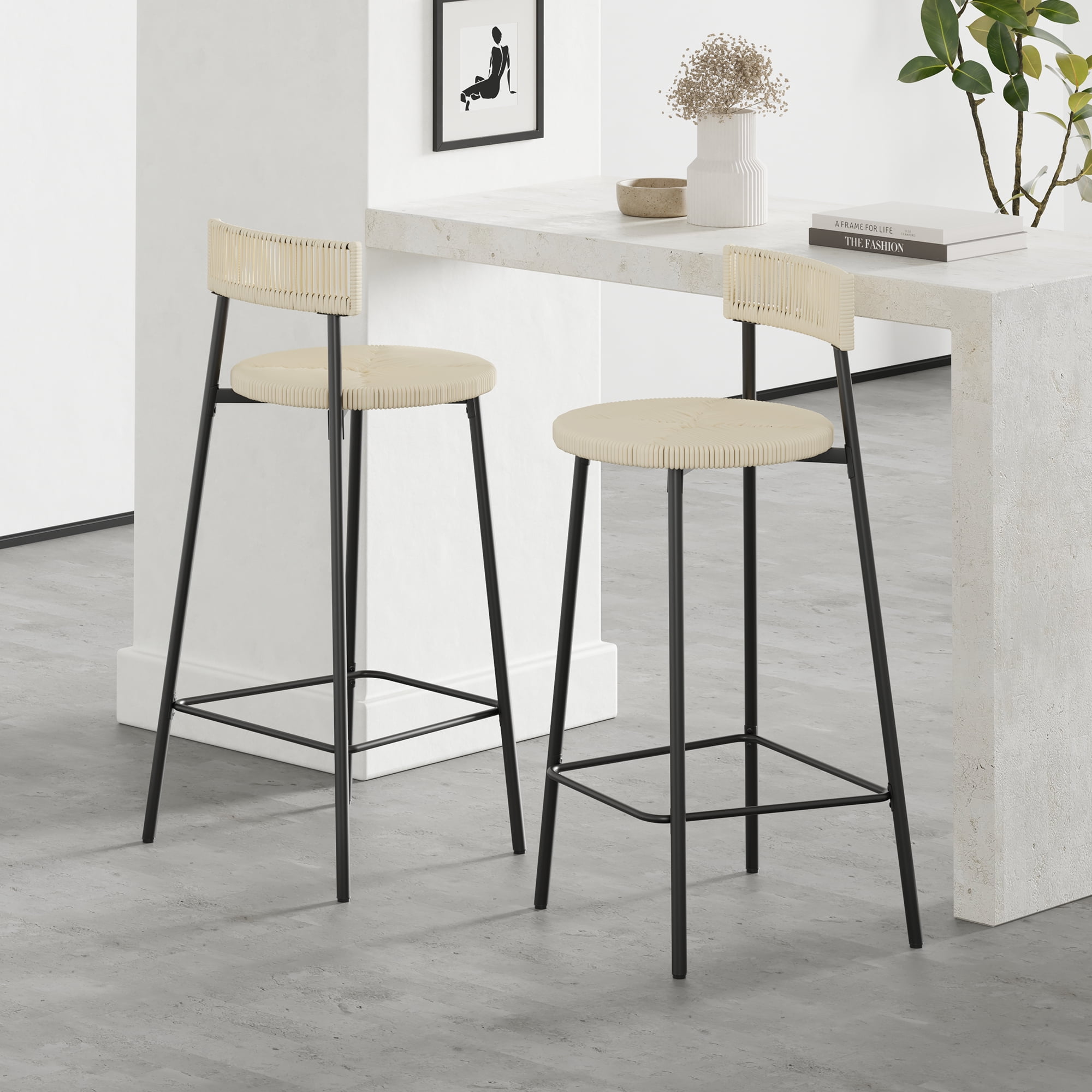 Dtwnek Set of 2 Woven Bar Stools with Back and Footrest, Paper Rope ...