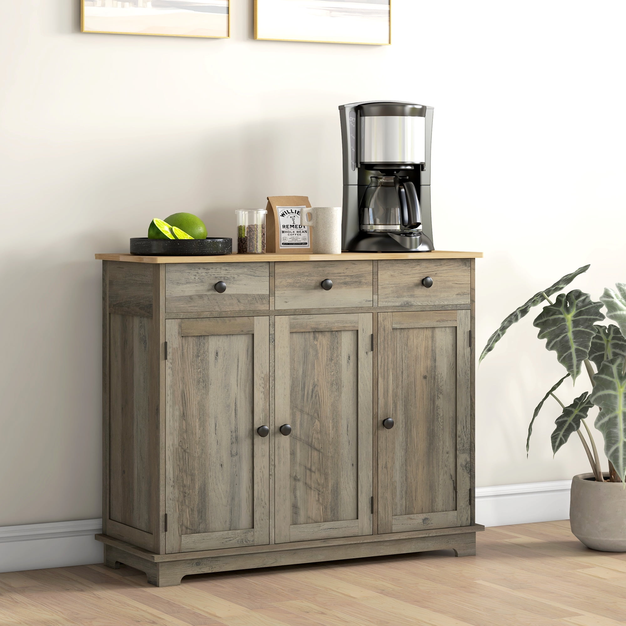 Dtwnek Solid Wood Countertop Sideboard with 3 Drawers and Adjustable ...