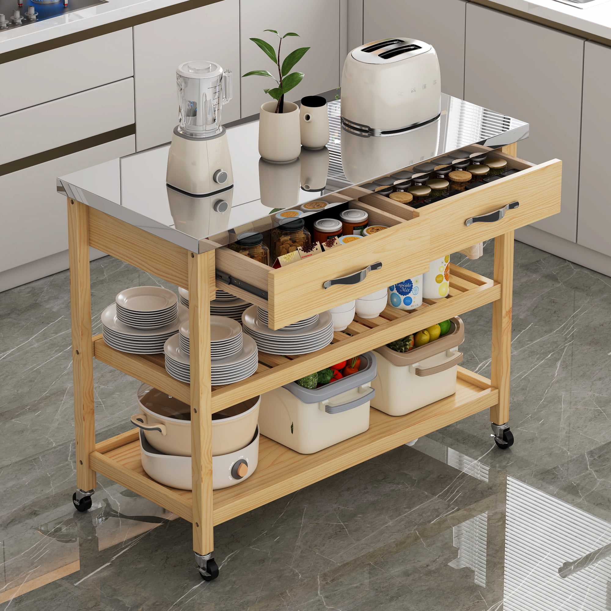 Dtwnek Stainless Steel Countertop Kitchen Cart with Storage Drawers and ...