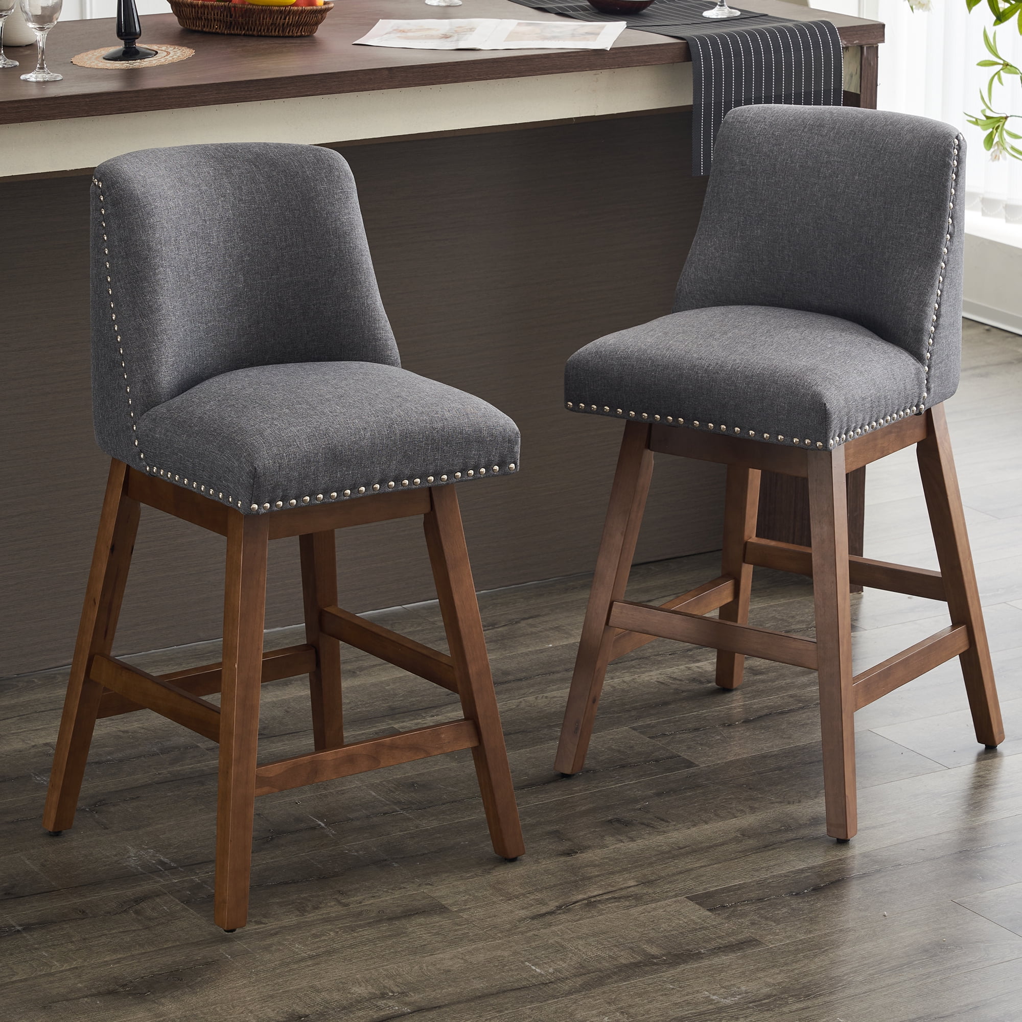 Dtwnek Upholstered Swivel Bar Stools Set of 2, Linen Fabric High Back ...