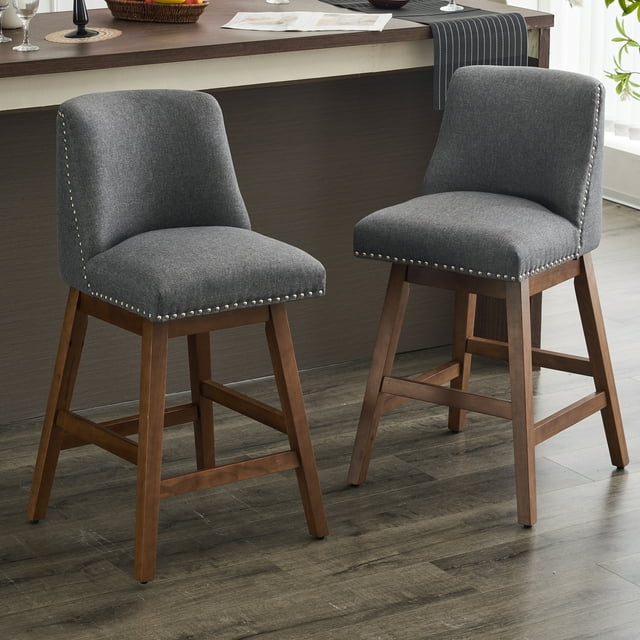 Dtwnek Upholstered Swivel Bar Stools Set of 2, Linen Fabric High Back ...