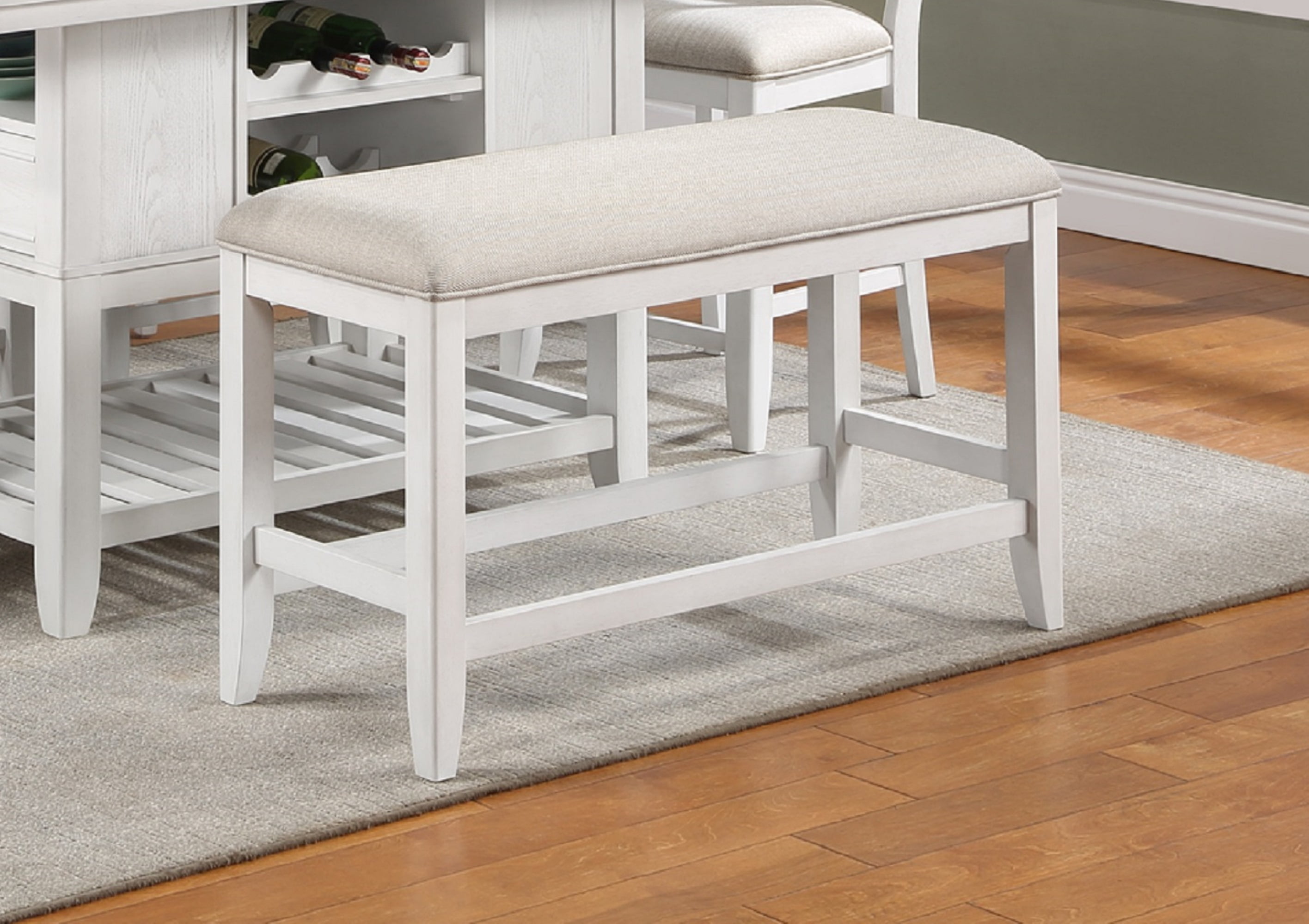 Dtwnek White Finish Fabric Upholstered Counter Height Dining Bench ...