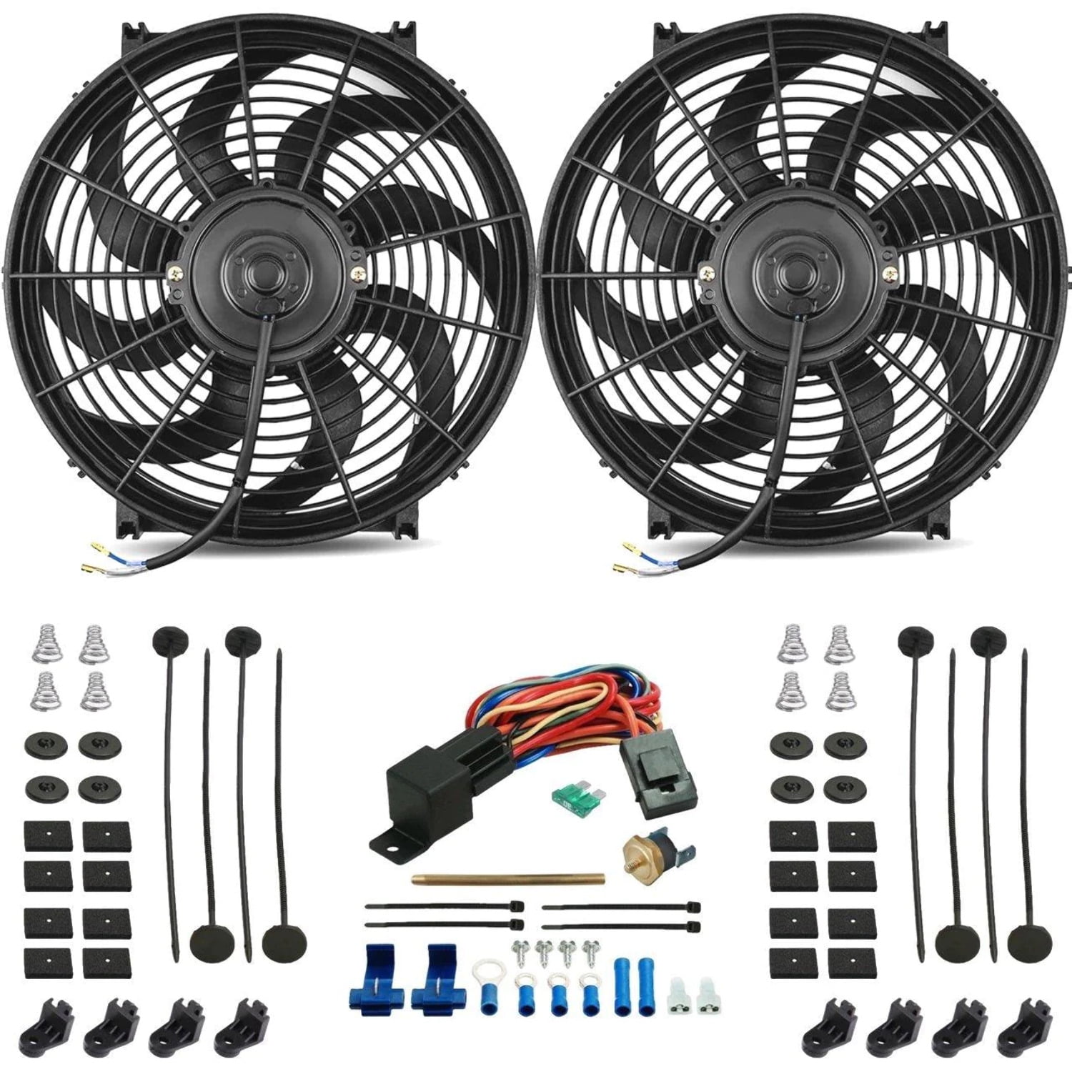 Dual 14-15 Inch Electric Cooling Fans Push-In Probe Thermostat Temp ...