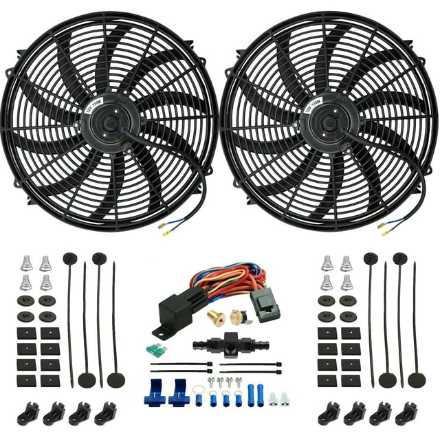 Dual 16-17 Inch Electric Radiator Fans In-Hose Thermostat Temp Switch ...