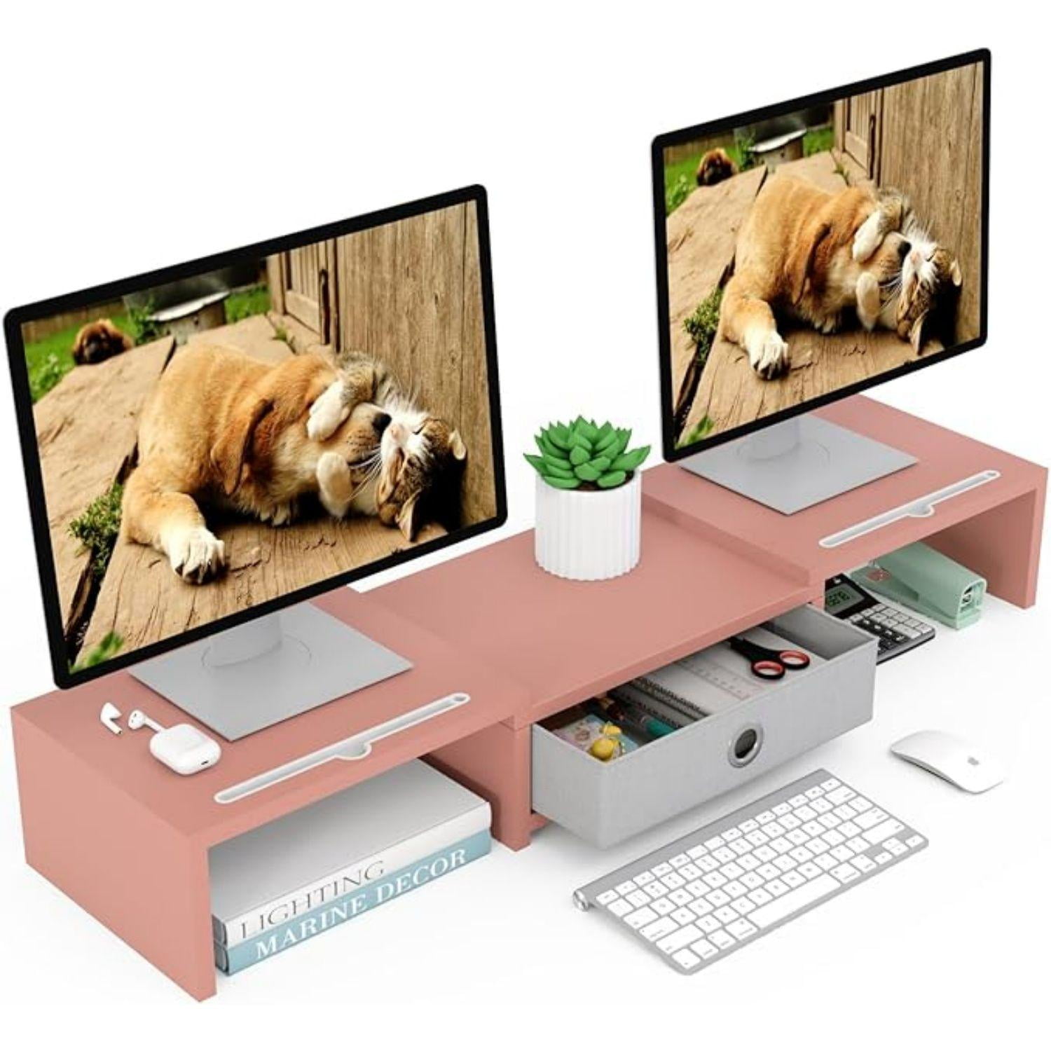 Dual 3 Shelf Computer Riser with Drawer, Adjustable Length and Angle ...