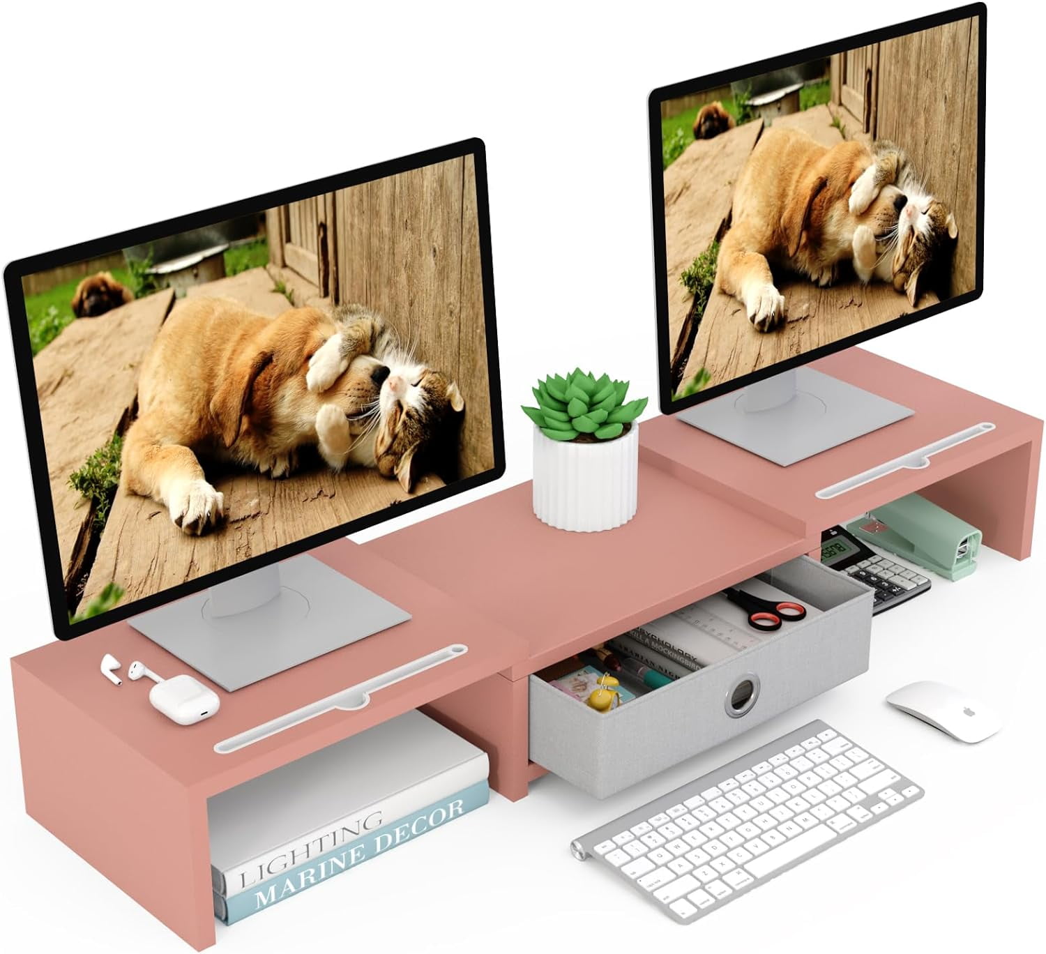 Dual 3 Shelf Computer Riser with Drawer, Adjustable Length and Angle ...