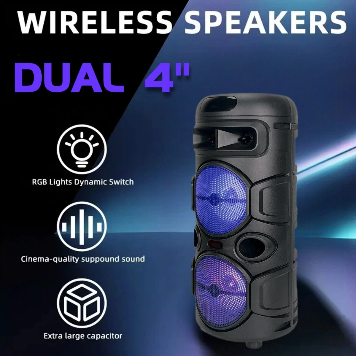 Dual 4" Portable Bluetooth Speaker Sub woofer Heavy Bass Sound System ...