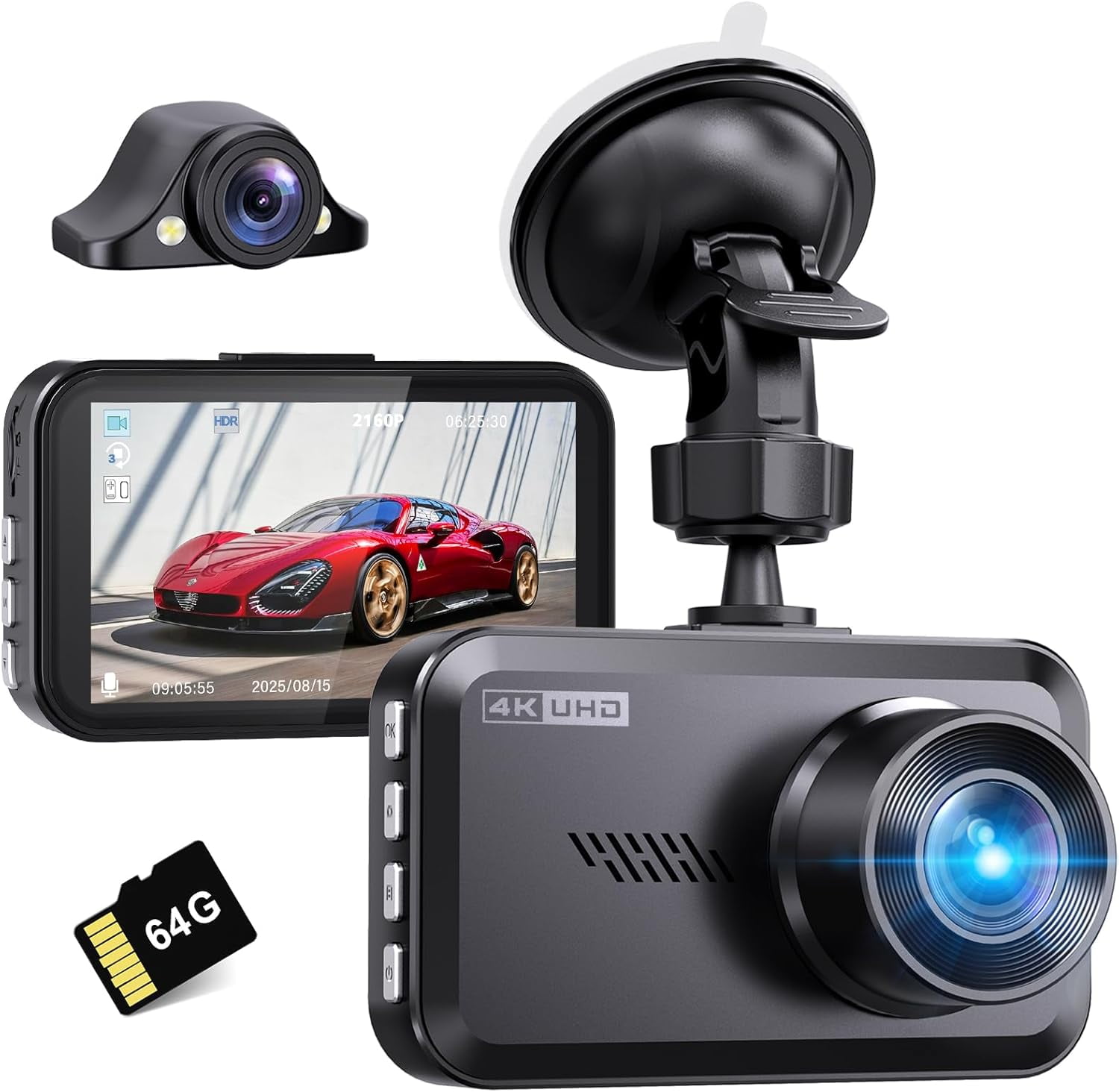 Dual 4K Dash Cam Front and Rear - 64G SD Card, 2160P+2160P UHD Dash ...