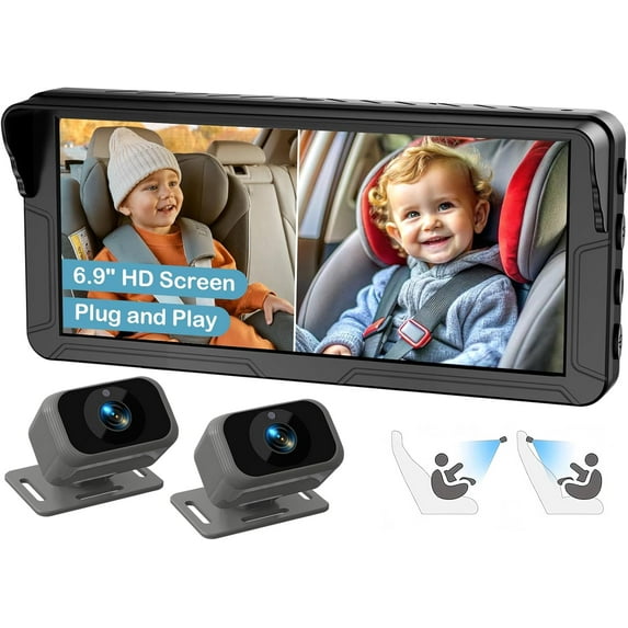 Dual Baby Car Camera for 2 Kids – 6.9” Split Screen Ultrawide HD ...