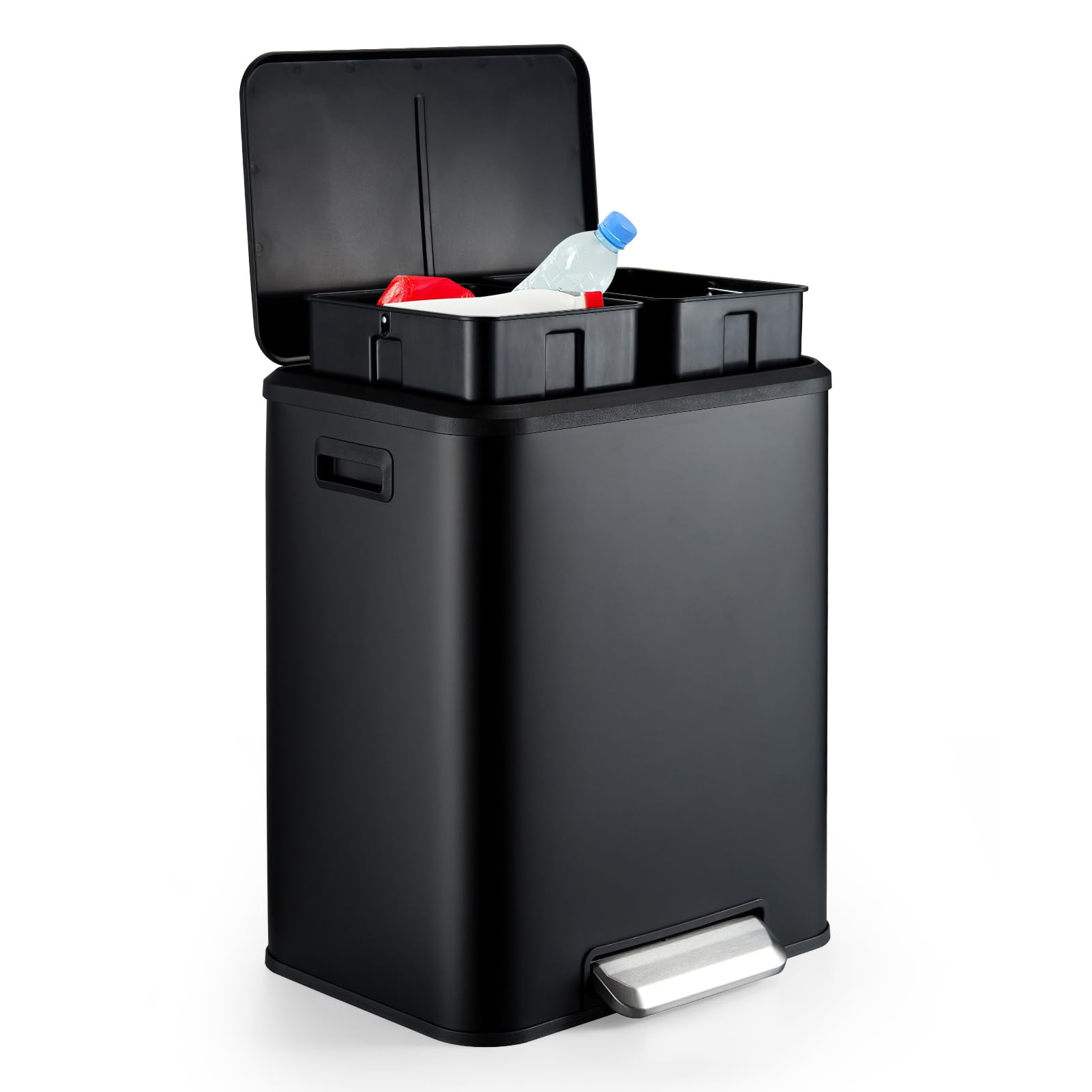 Dual Bin Rectangular Trash Can, Stainless Steel Waste Bin with Lid, 30 ...