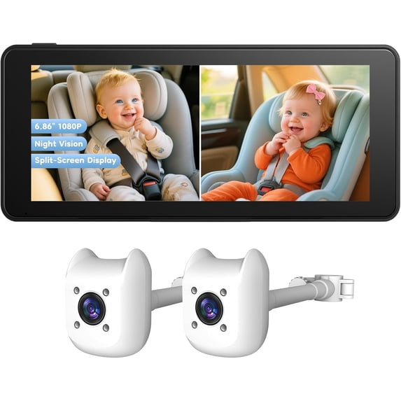 Dual Camera for 2 - 6.86" 1080P Split-Screen for CarSeat, 360? Full ...