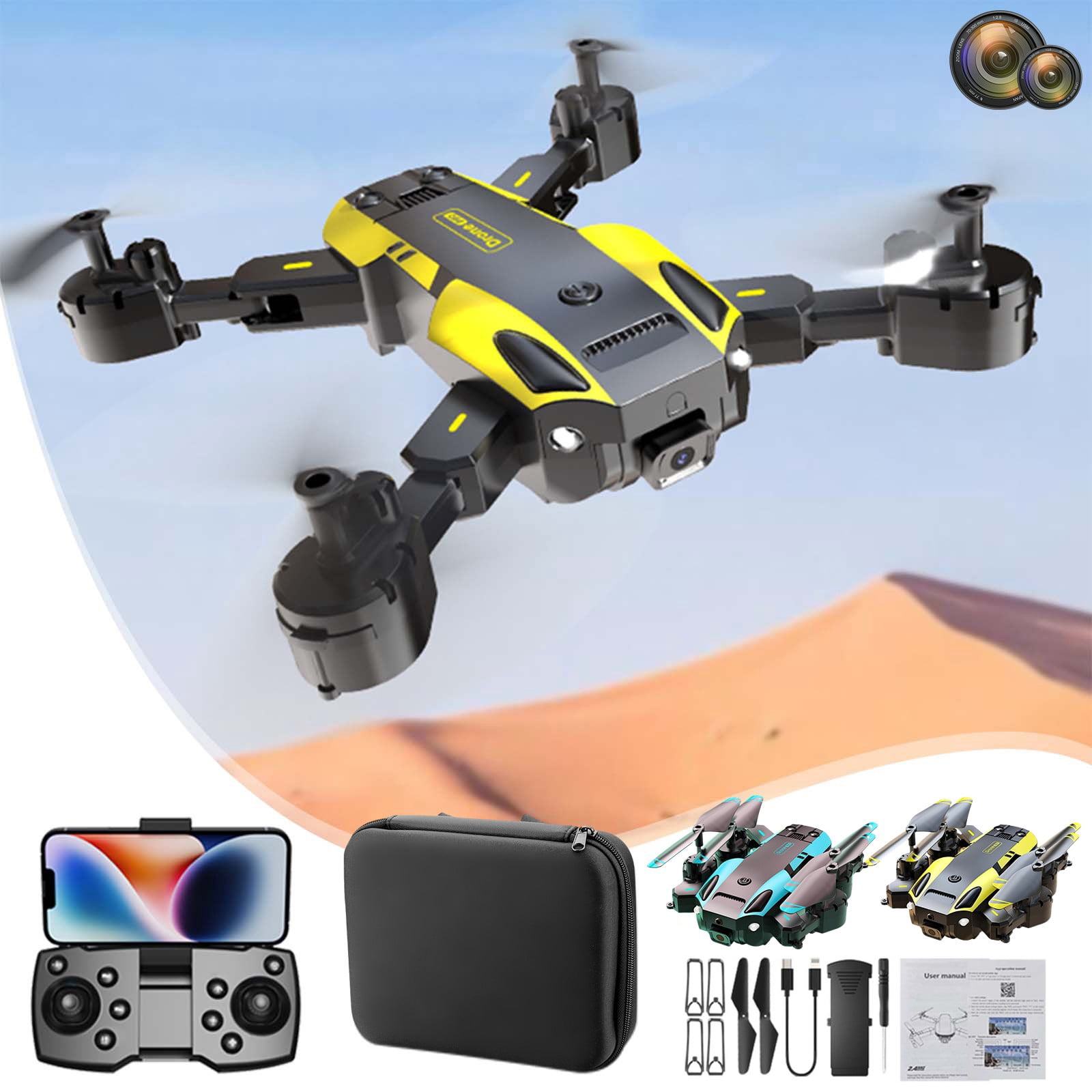 Dual Camera Drone, Foldable Design, 4-Axis Stabilization, Obstacle ...