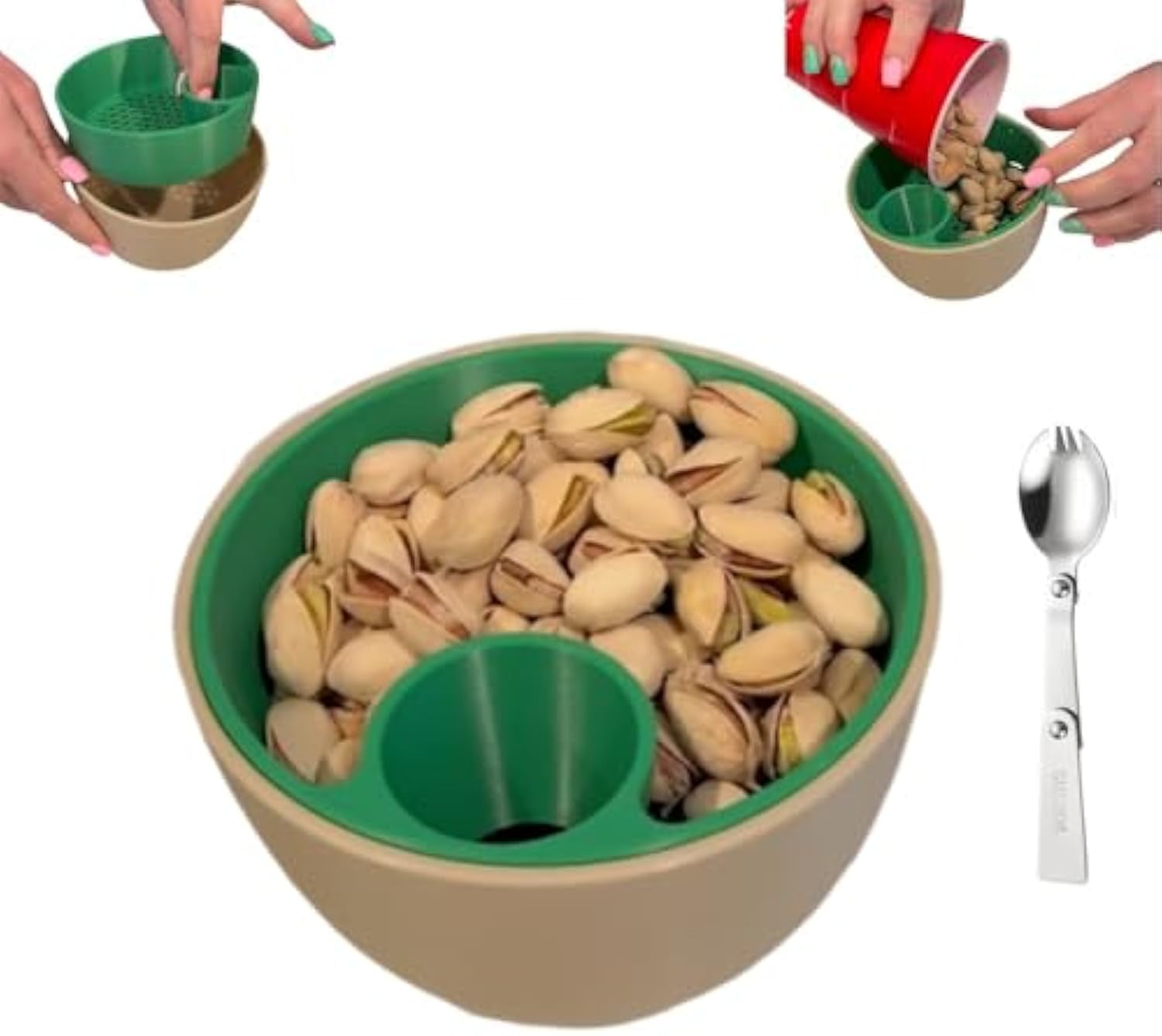 Dual-Chamber Pistachio Bowl Set with Shell Storage Holder, Large Double Dish Snack Serving Bowl ...