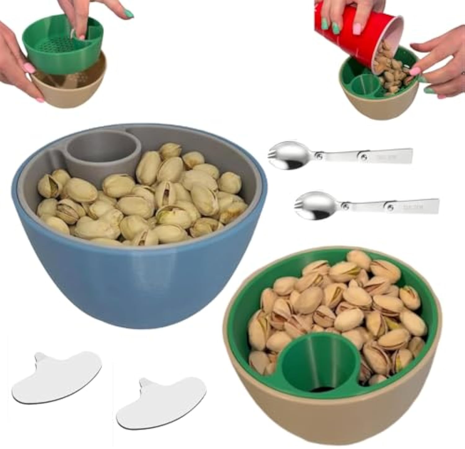 Dual-Chamber Pistachio Bowl Set with Shell Storage Holder, Large Double ...