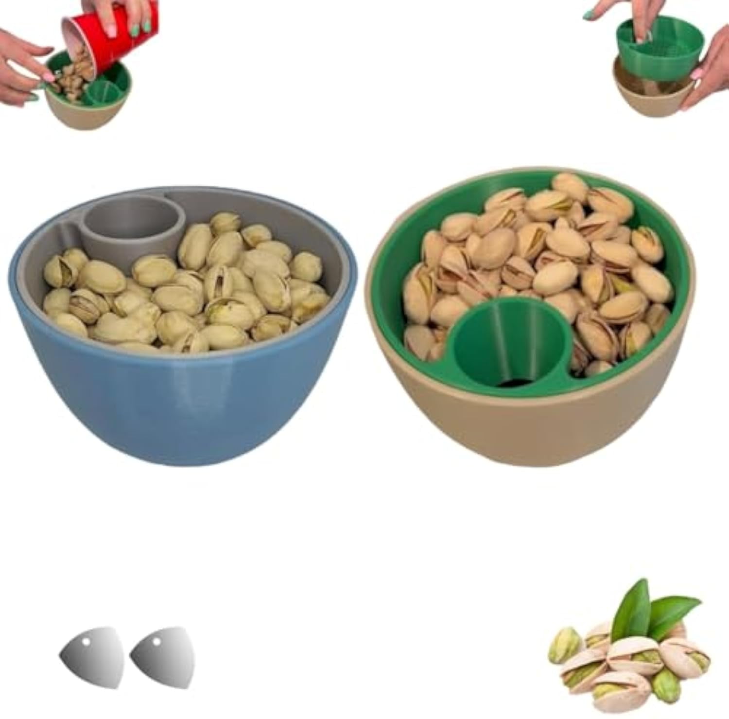 Dual-Chamber Pistachio Bowl Set with Shell Storage Holder, Large Double ...