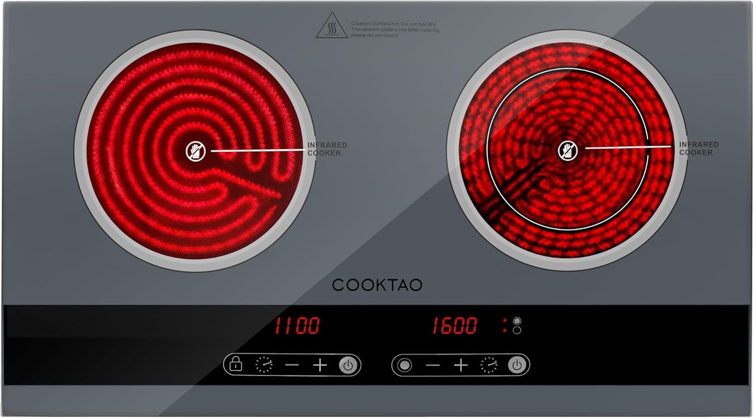 Dual Coil Design of 2 Burner Electric Cooktop, 1800W Ceramic Hot Plate ...
