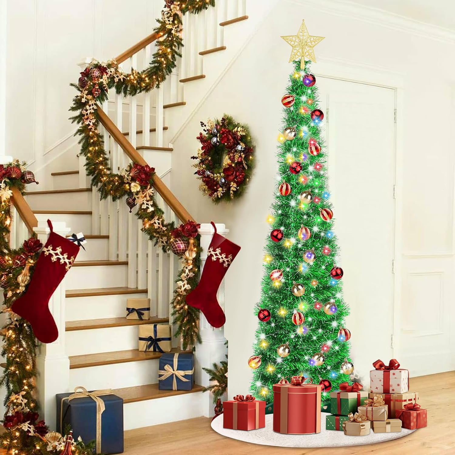 Dual Color Change & Timer 5 Ft Green Pop Up Christmas Tree with 60 Warm ...