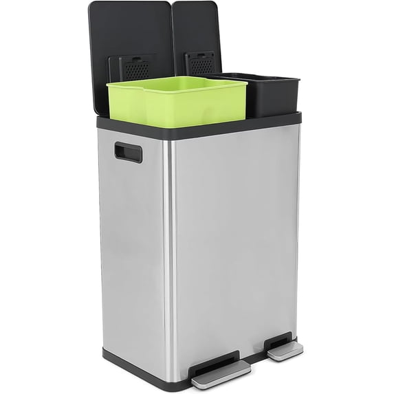 Dual Compartment Trash & Recycling Can for Kitchen, 60 LITER, Stainless ...