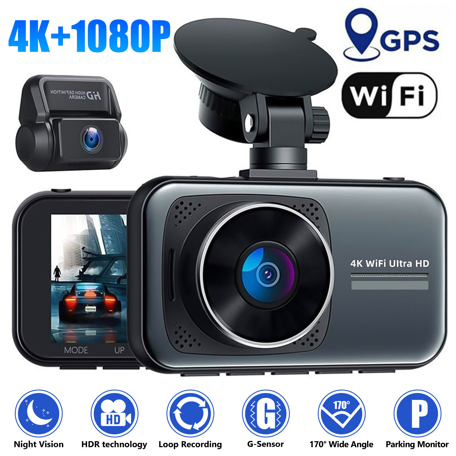 Dual Dash Cam Car DVR Front Rear Camera Wifi GPS Recorder Night Vision G-Sensor - Walmart.com