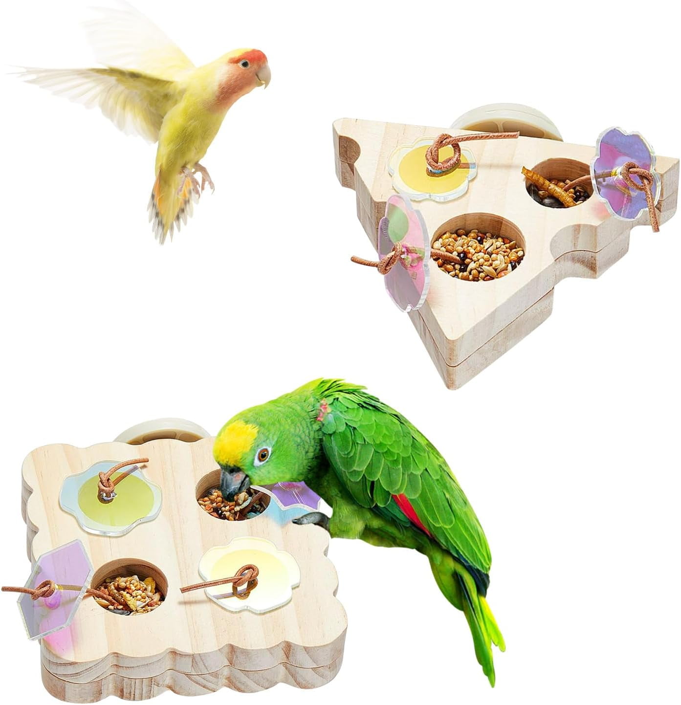Dual-Design Wooden Foraging Bird Toys 2-Pack – Triangle & Square Puzzle ...