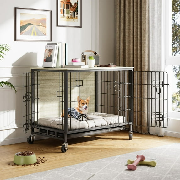 Dual Door Dog Crate Furniture with Wheels, Modern End Table Design with ...