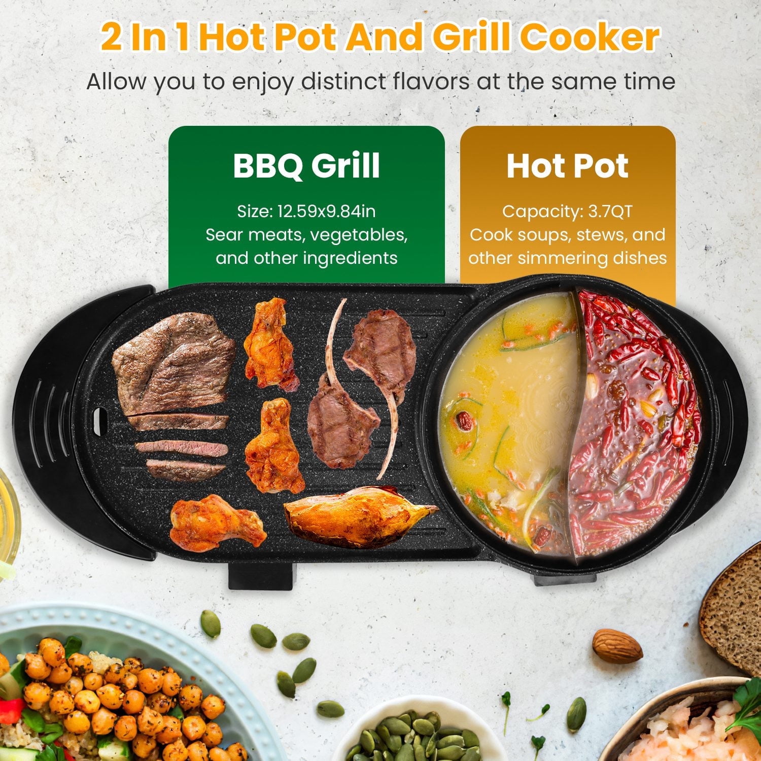 Dual-Electric 2 in 1 Hot Pot & Grill Combo, 2200W Rapid-Heat Indoor , 3 ...