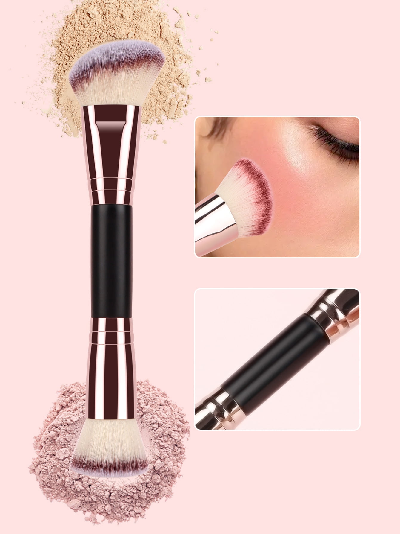 Dual Ended Makeup Brush Black Gold Foundation Powder Contour Beauty Tool Travel Daily Use Makeup ...