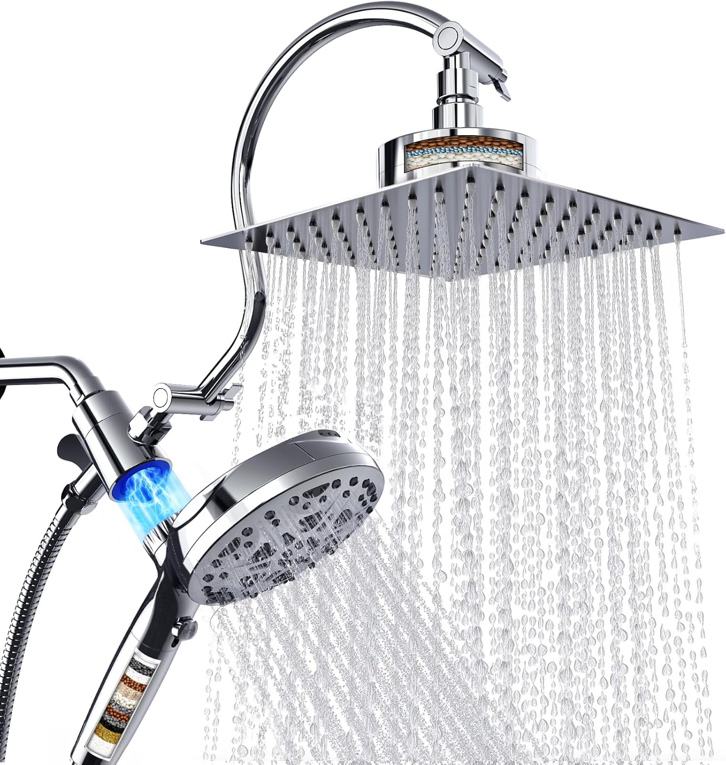 Dual Filtered Shower Head with Handheld and Magnetic - 8'' Square Rain ...