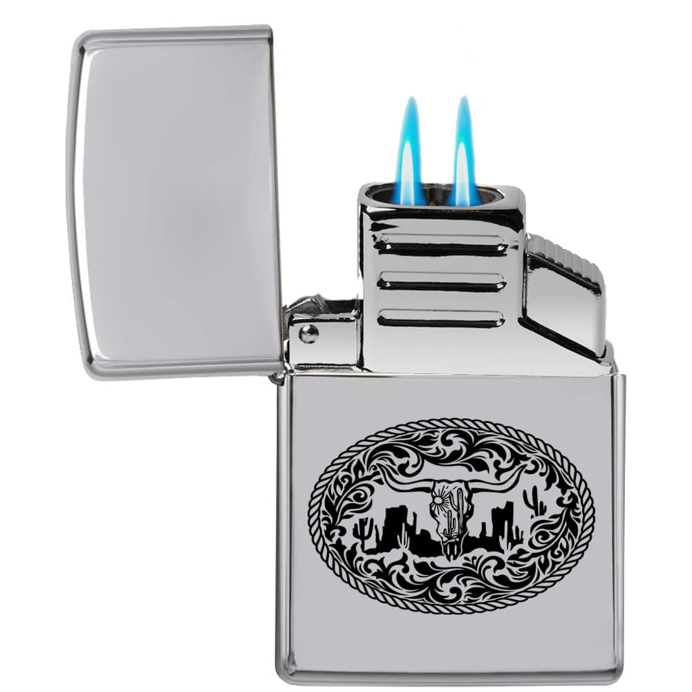 Dual Flame Torch Lighter Bull Skull Desert Belt Buckle (Chrome ...