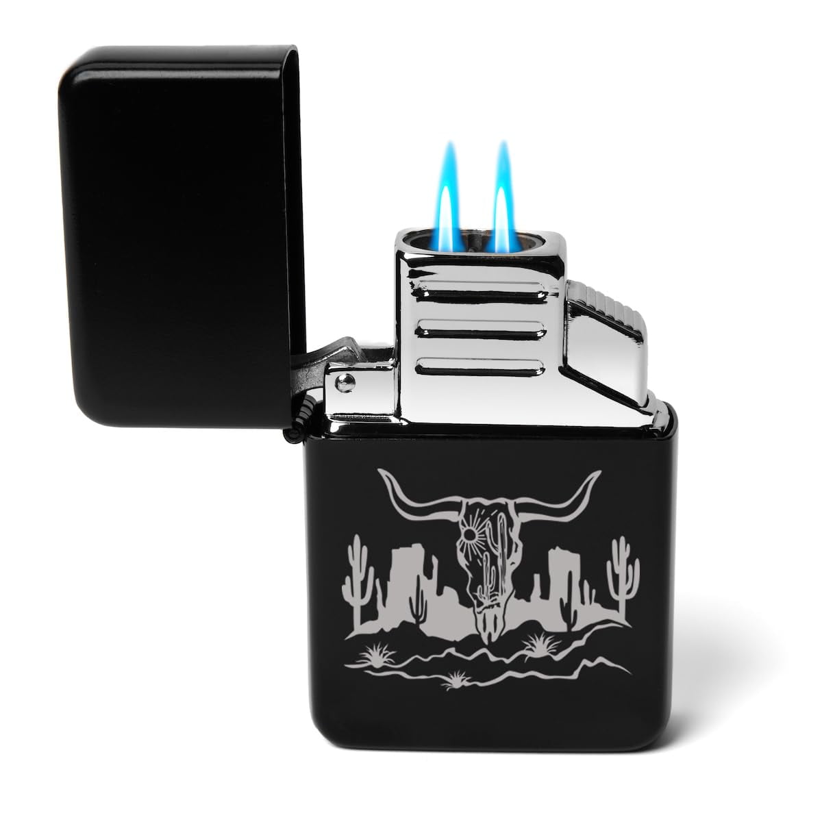 Dual Flame Torch Lighter Cow Skull Cactus Desert Western Scene (Black ...