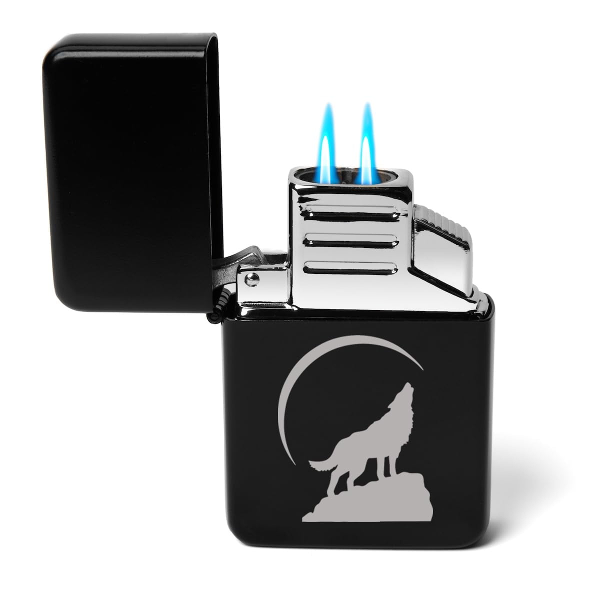 Dual Flame Torch Lighter Wolf Howling at Moon (Black) - Walmart.com