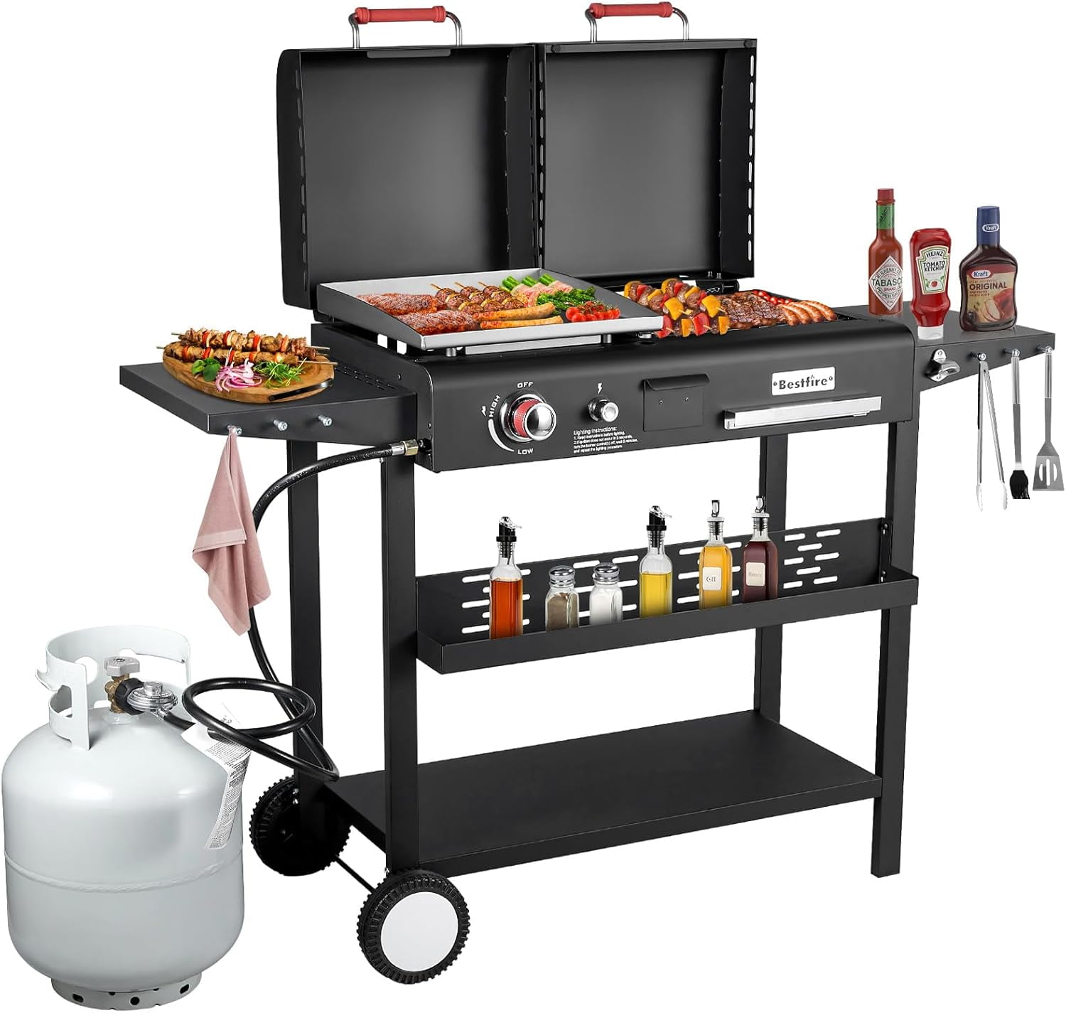 Dual Fuel Propane Gas Charcoal Grill Combo Black Dual Lids, Flat Top ...