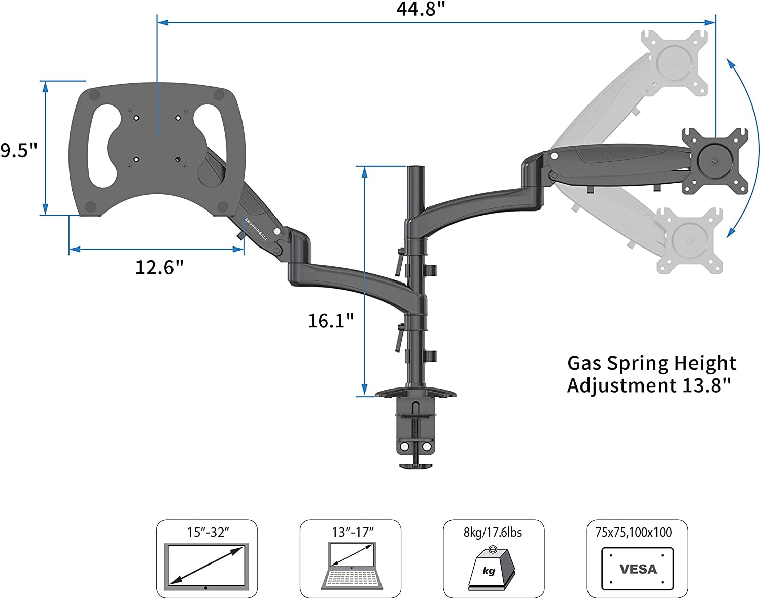 Dual Gas Spring 2 in1 Monitor & Laptop OR Double Monitors Mount Stand ...