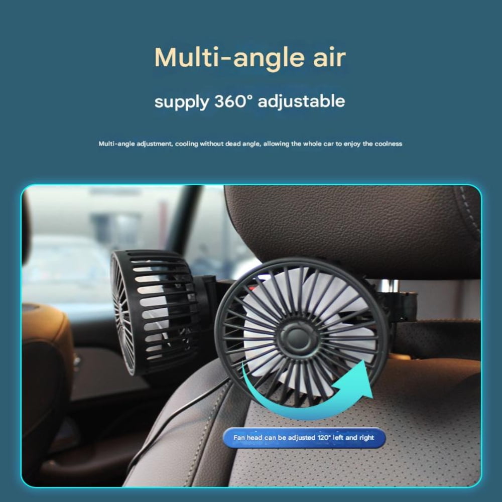 Dual-Head USB Car Fan Adjustable Speed Quiet Cooling Portable for Rear ...