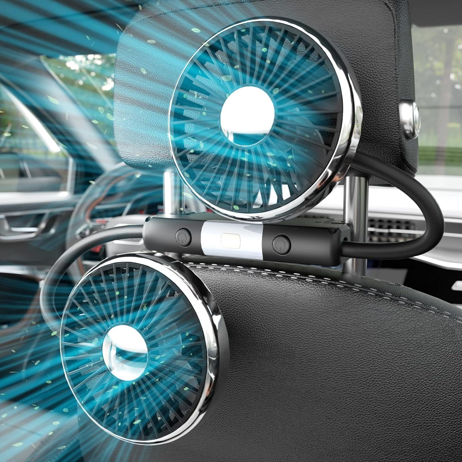 Dual-Head USB Car Fan for Backseat, 360° Rotatable Quiet Cooling with ...