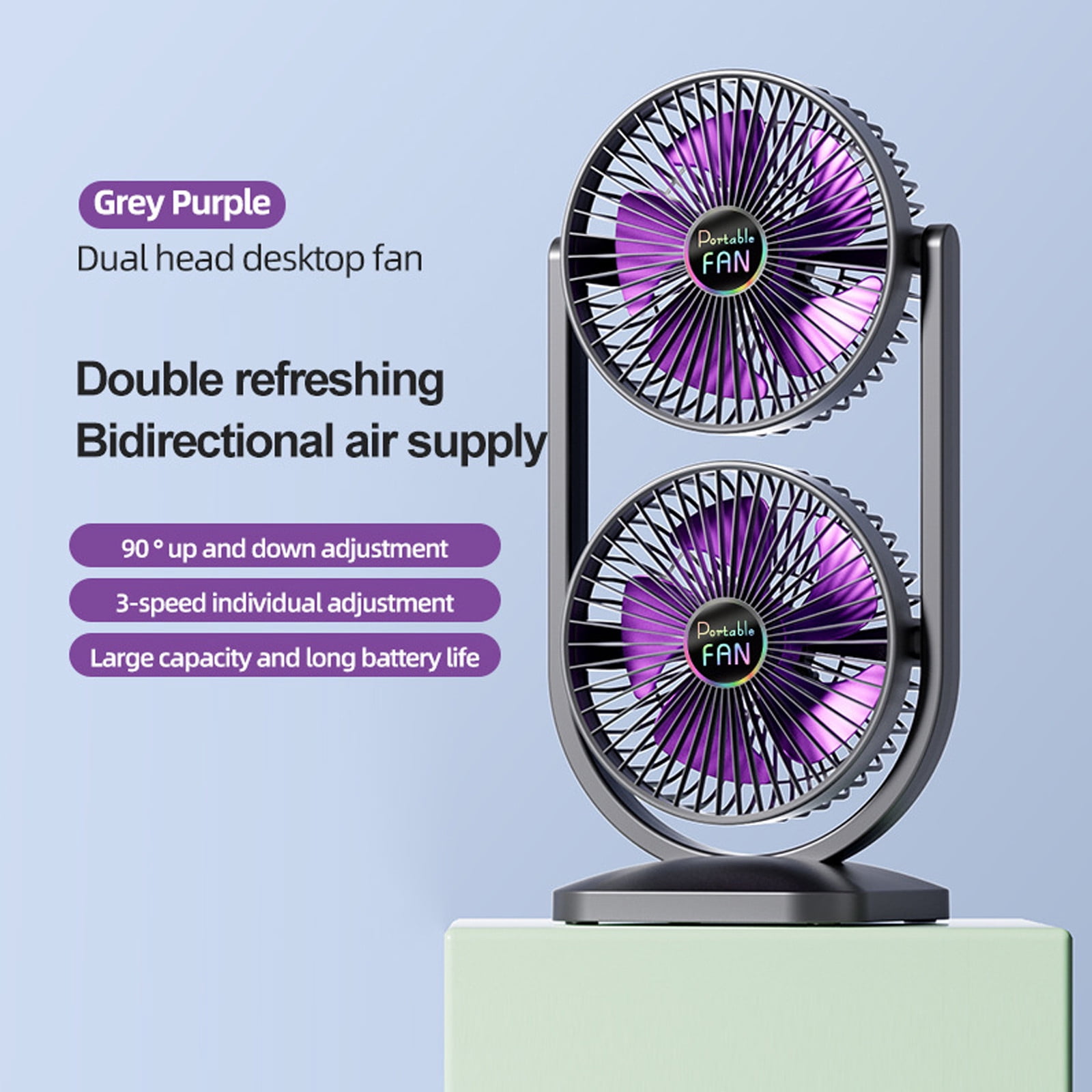 Dual Head USB Rechargeable Desk Fan – 3-Speed Portable Fan with 3000mAh ...