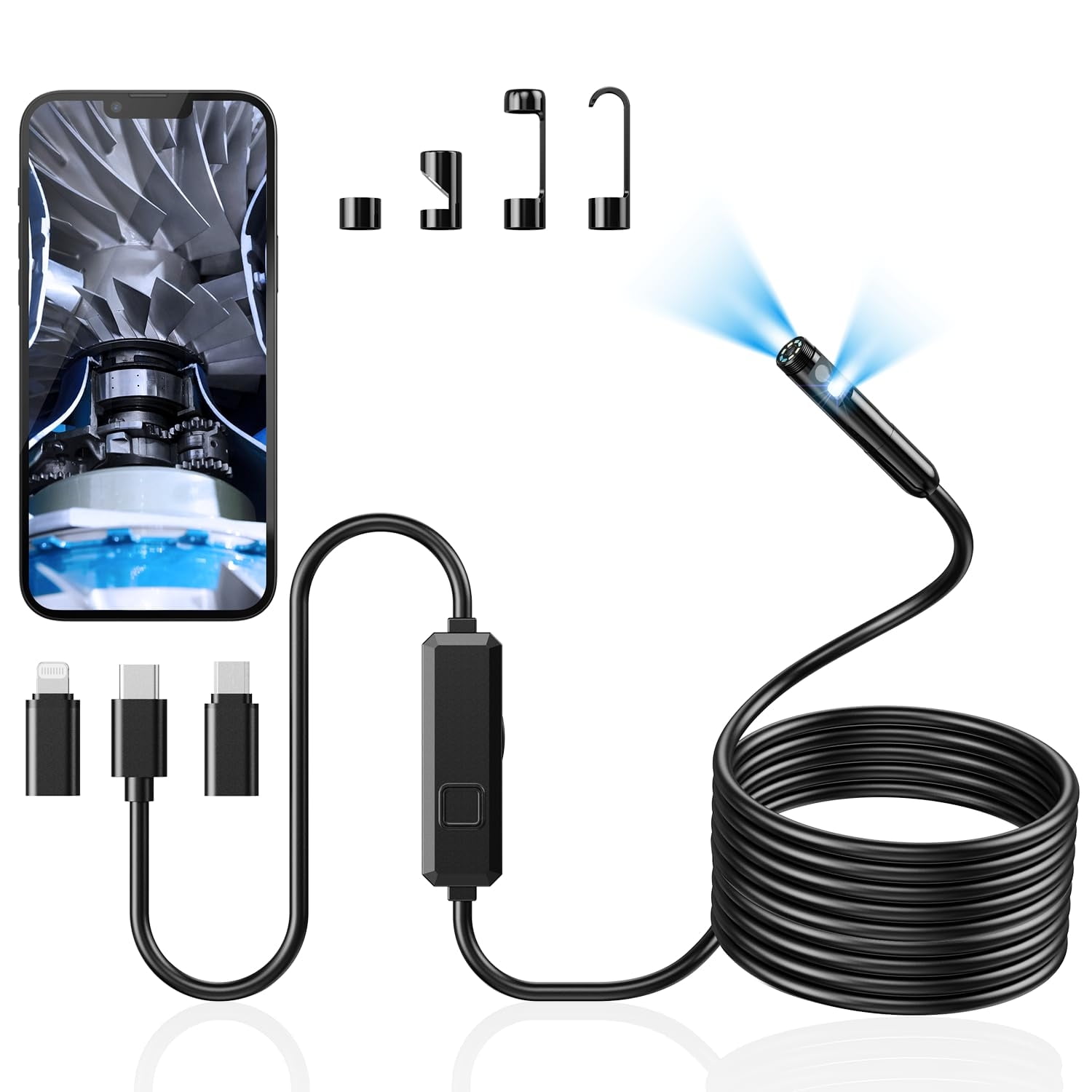 Dual-Lens 1920P HD Endoscope - 16.4ft Semi-Rigid, 8 Adjustable LEDs ...