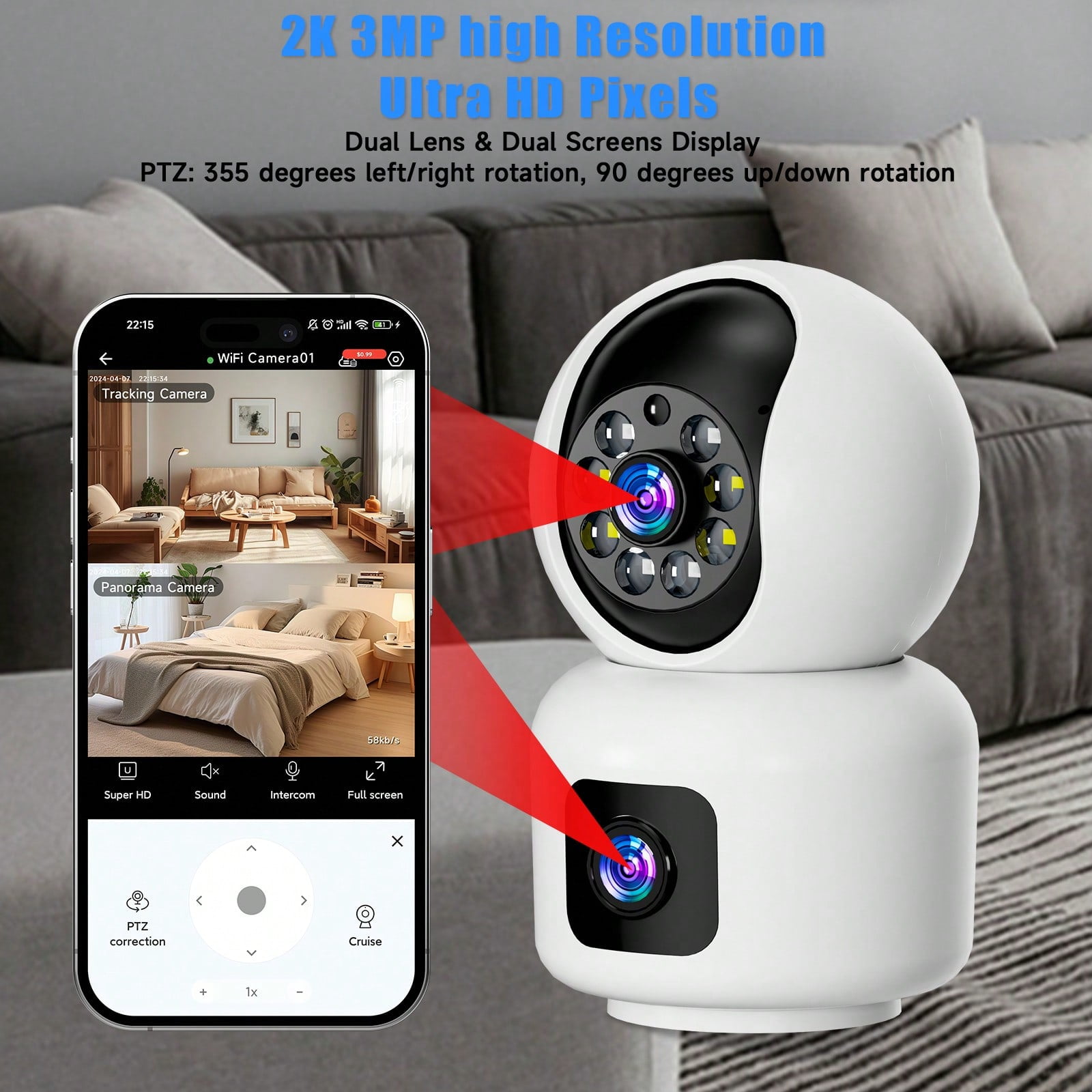 Dual-Lens 2K HD Smart Camera, 360° Pan-Tilt, Color Night Vision, Motion ...
