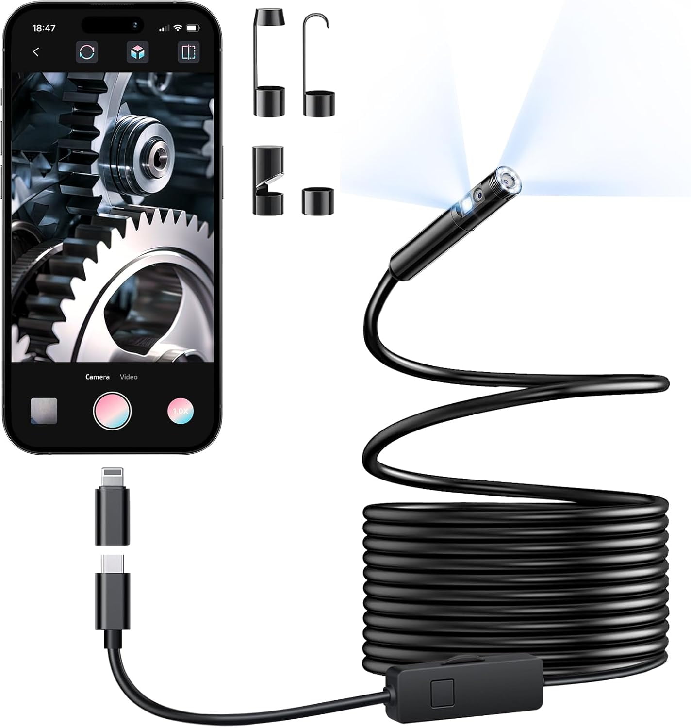 Dual-Lens Endoscope Camera with Light, 1920P HD Borescope with ...